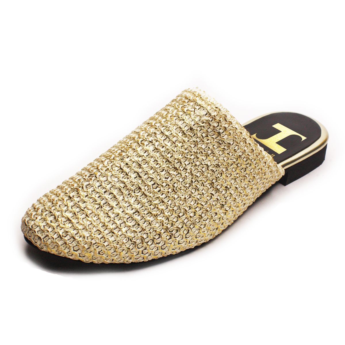 Buy IRUSSH Solid Puffy Gold Woven Mules Online