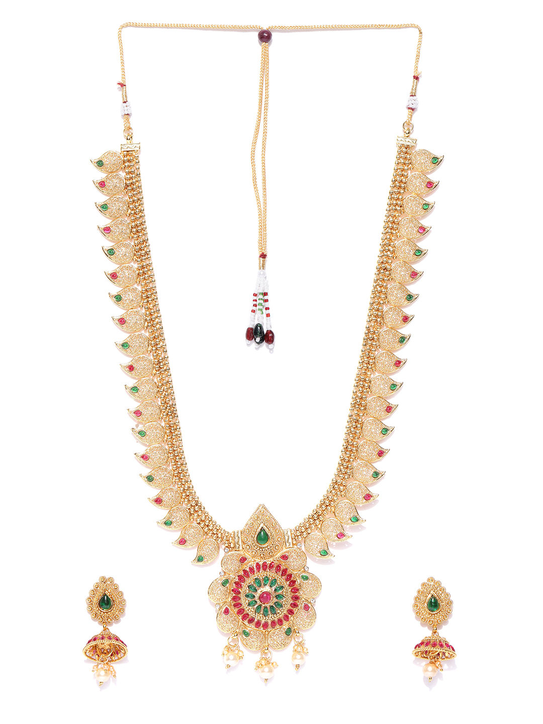 Youbella Green & Red Gold-Plated Stone Studded Textured Jewellery Set ...