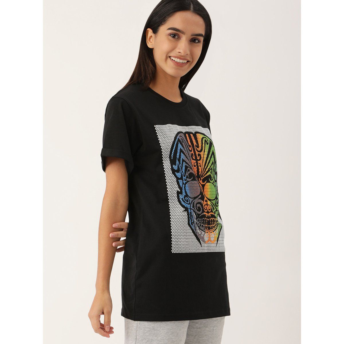 Buy Kryptic Women Black Printed Pure Cotton Oversized Longline T-Shirt ...