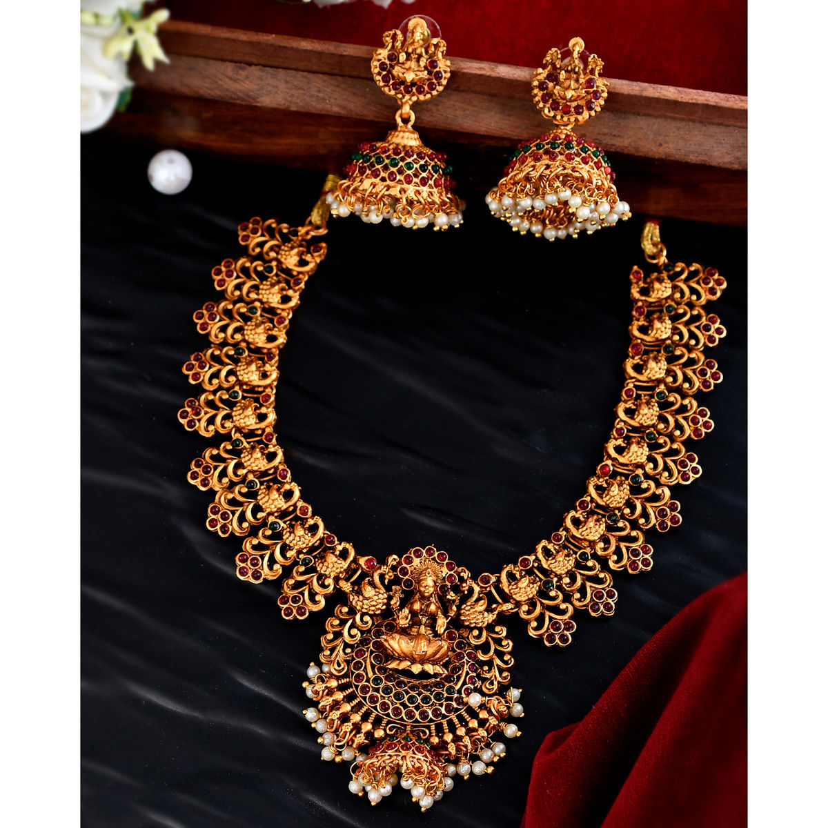 Buy Shoshaa Gold-Plated Red & Green Stones-Studded Beaded Temple ...
