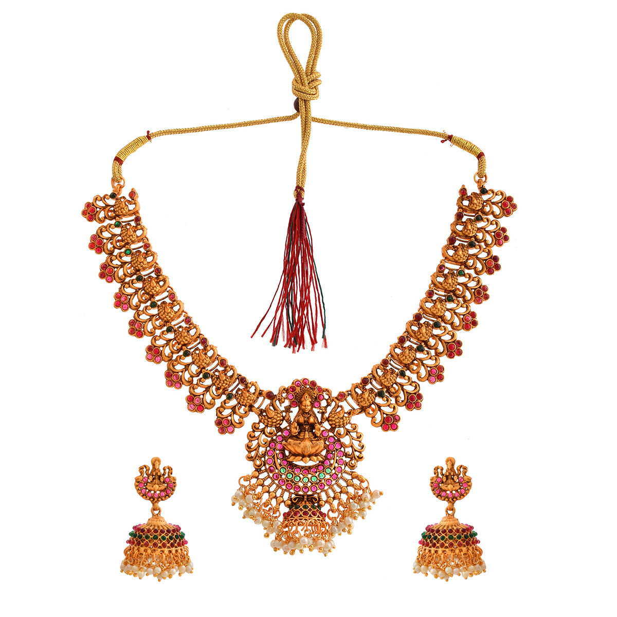 Buy Shoshaa Gold-Plated Red & Green Stones-Studded Beaded Temple ...