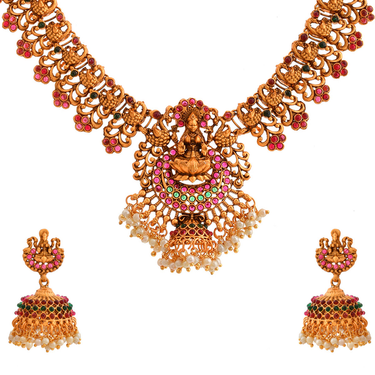 Buy Shoshaa Gold-Plated Red & Green Stones-Studded Beaded Temple ...