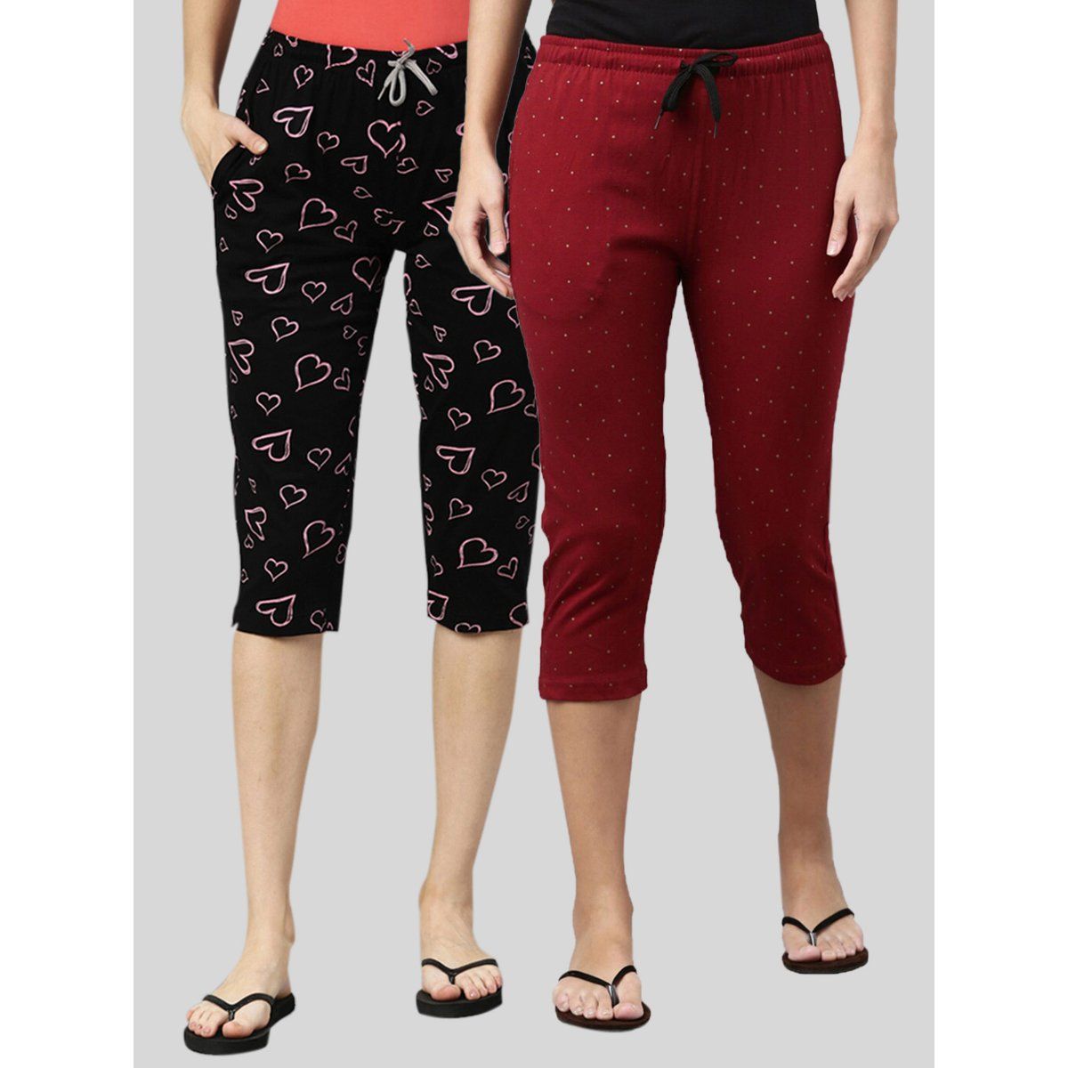 Kryptic Women Maroon & Black Printed Regular Fit Cotton Capris (Pack of ...