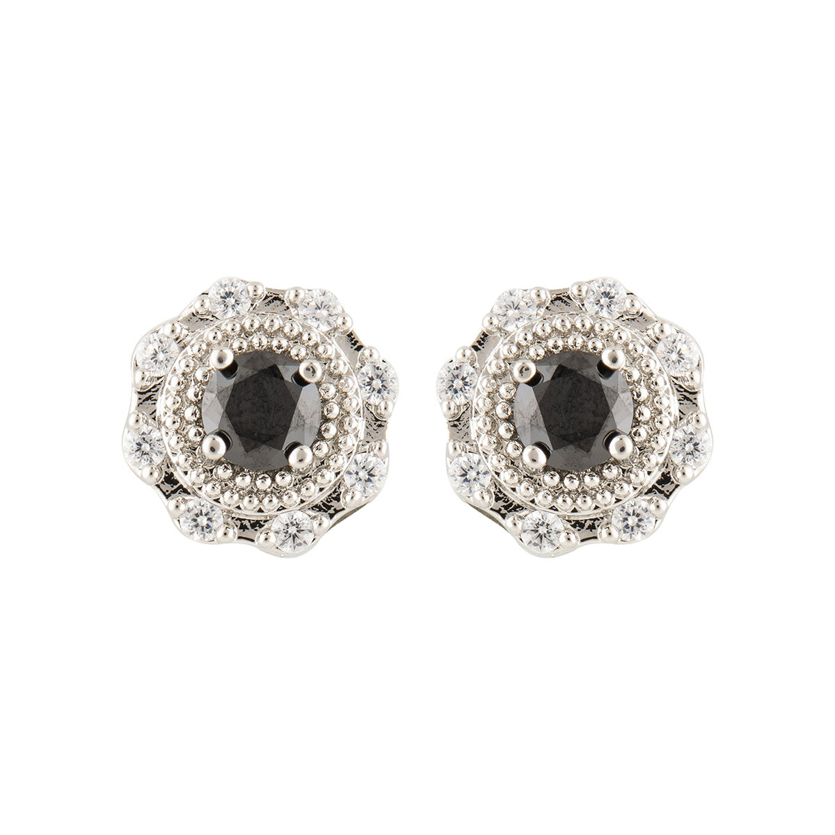 E2O Fashion Self Design Silver Diamond Round Shaped Stud Earring With Jet Colour Stone: Buy E2O ...