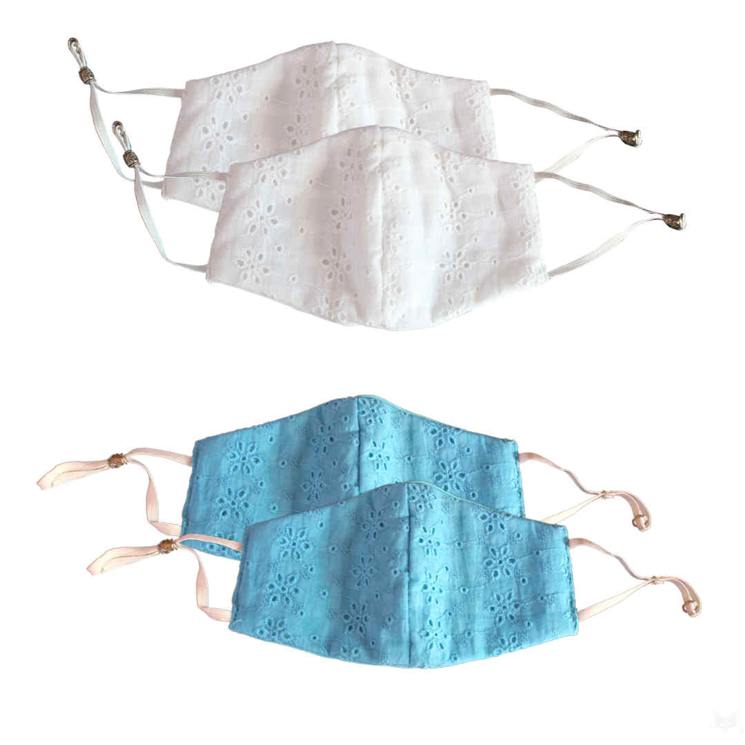 Bellofox White Chikan And Aqua Chikan Face Mask (Set Of 4): Buy ...