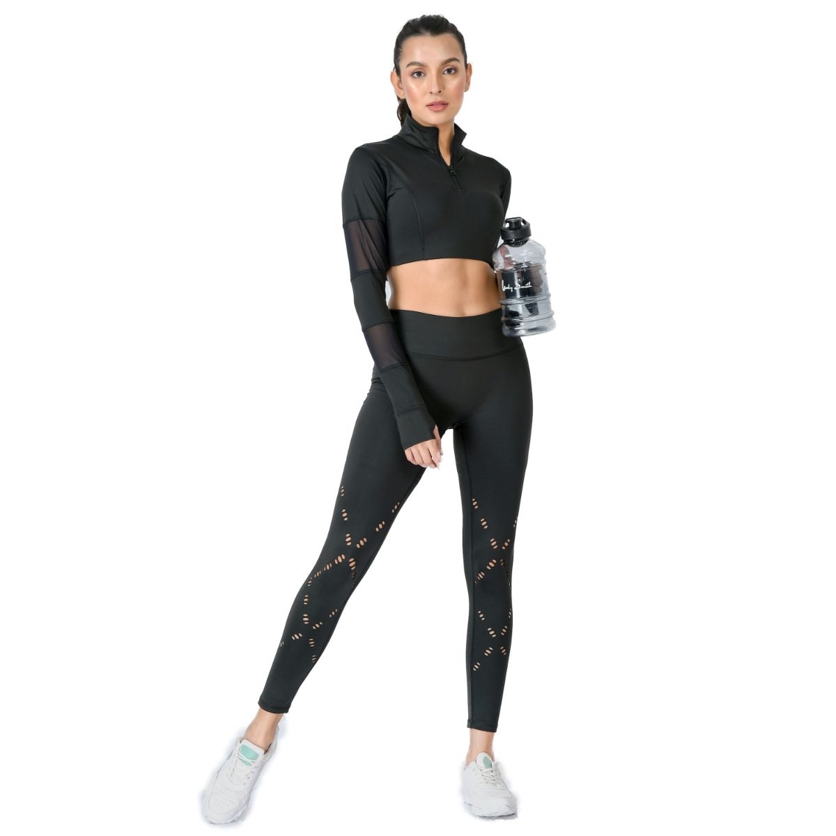 Body Smith Active Mesh Black Zipper Crop Top + Tights Combo Black (Set of 2): Buy Body Smith ...