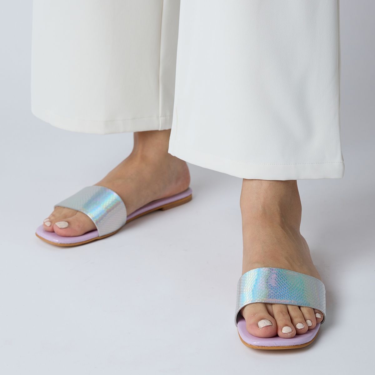 IYKYK by Nykaa Fashion Silver Lilac Holographic Slider Flats: Buy IYKYK ...