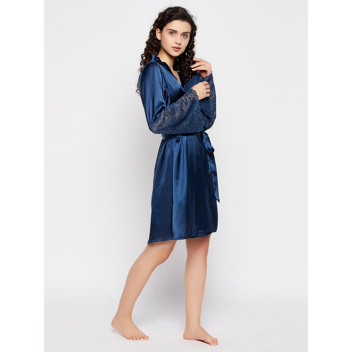 Buy Clovia Chic Basic Robe In Dark Blue Online