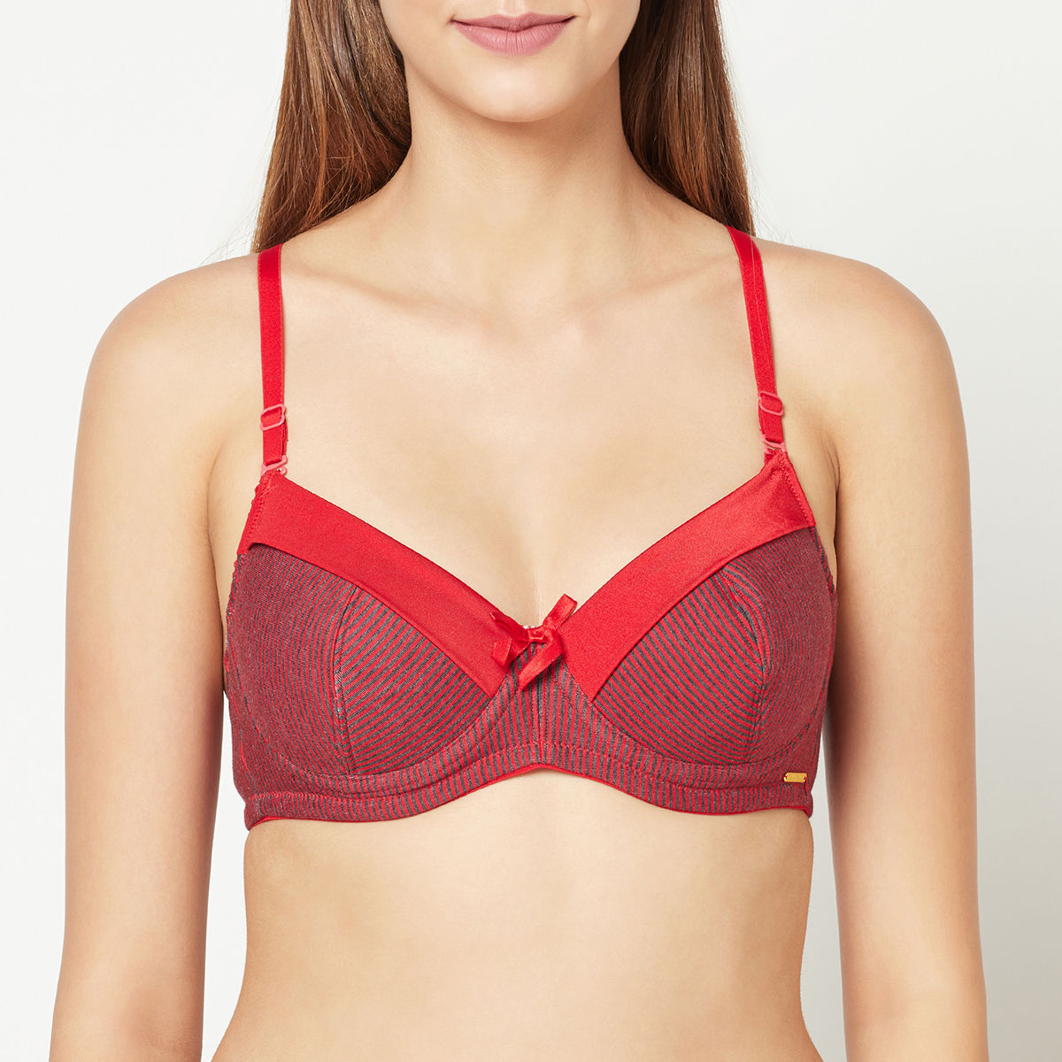 Da Intimo Women Cotton Red And Black Stripes Cotton Non Padded Bra