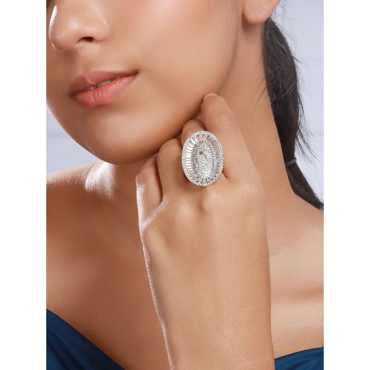 Buy Priyaasi Oval Elegance American Diamond Silver Plated Cocktail Ring Online