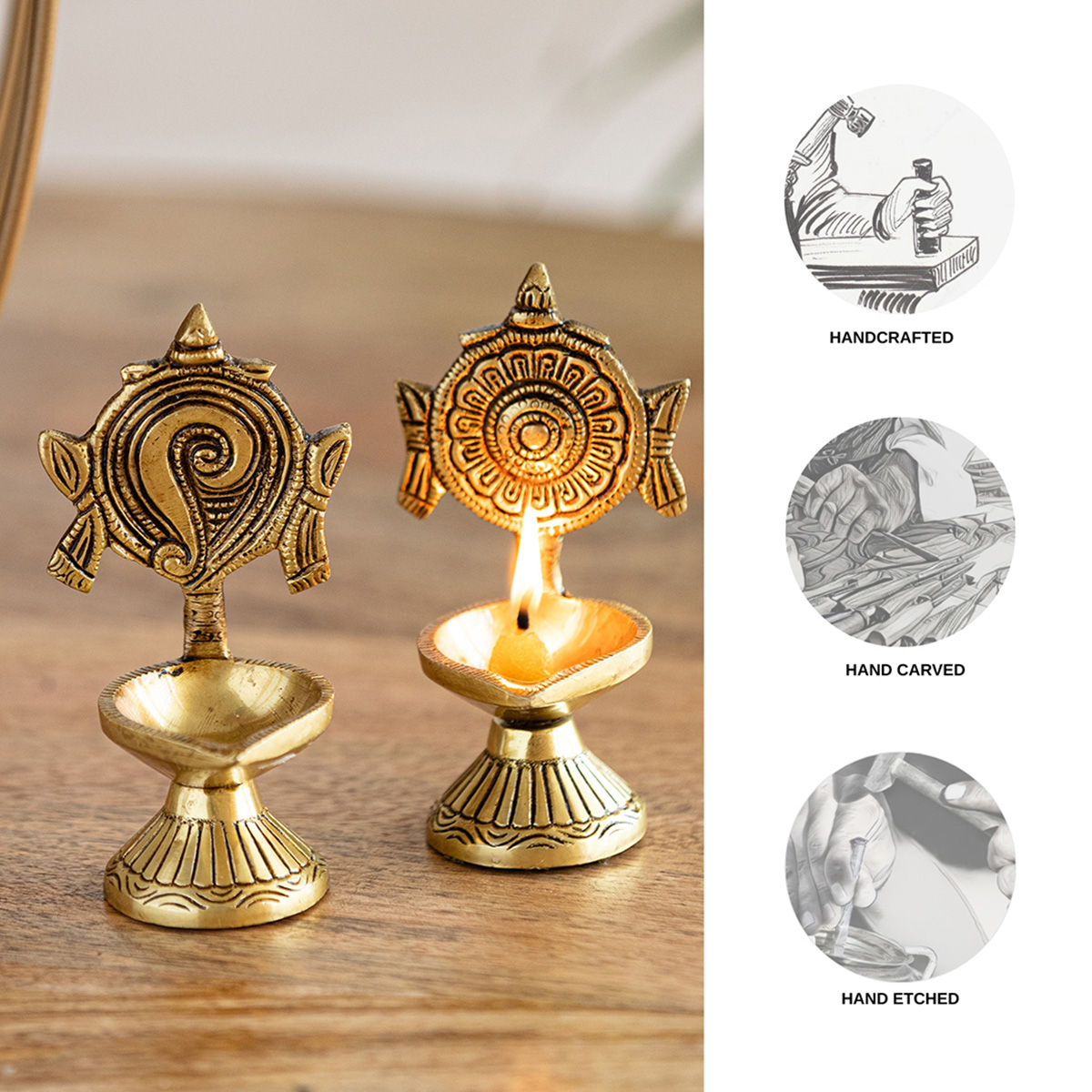 Buy ExclusiveLane Hand Carved Shankh & Chakra Balaji Brass Diyas Online