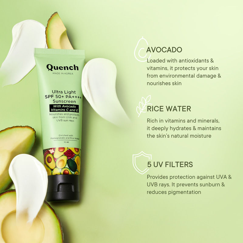Buy Quench Vitamin E SPF 50+ PA++++ Sunscreen With Avocado For Glowing ...