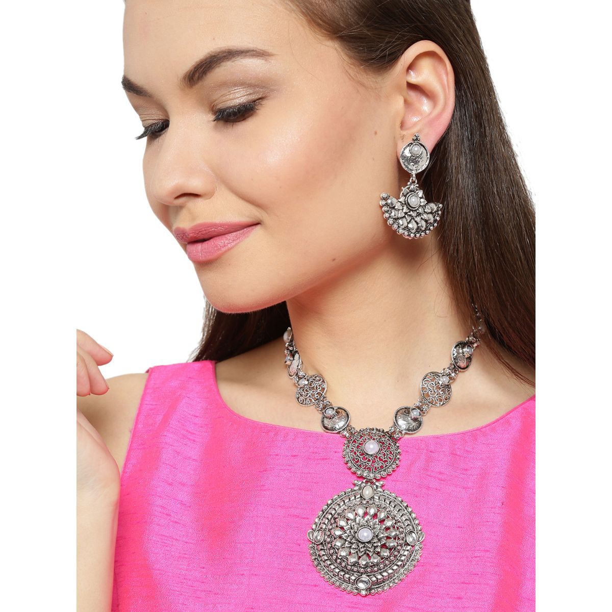 Zaveri Pearls Antique Silver Tone Pearls Filigree Necklace And Earring