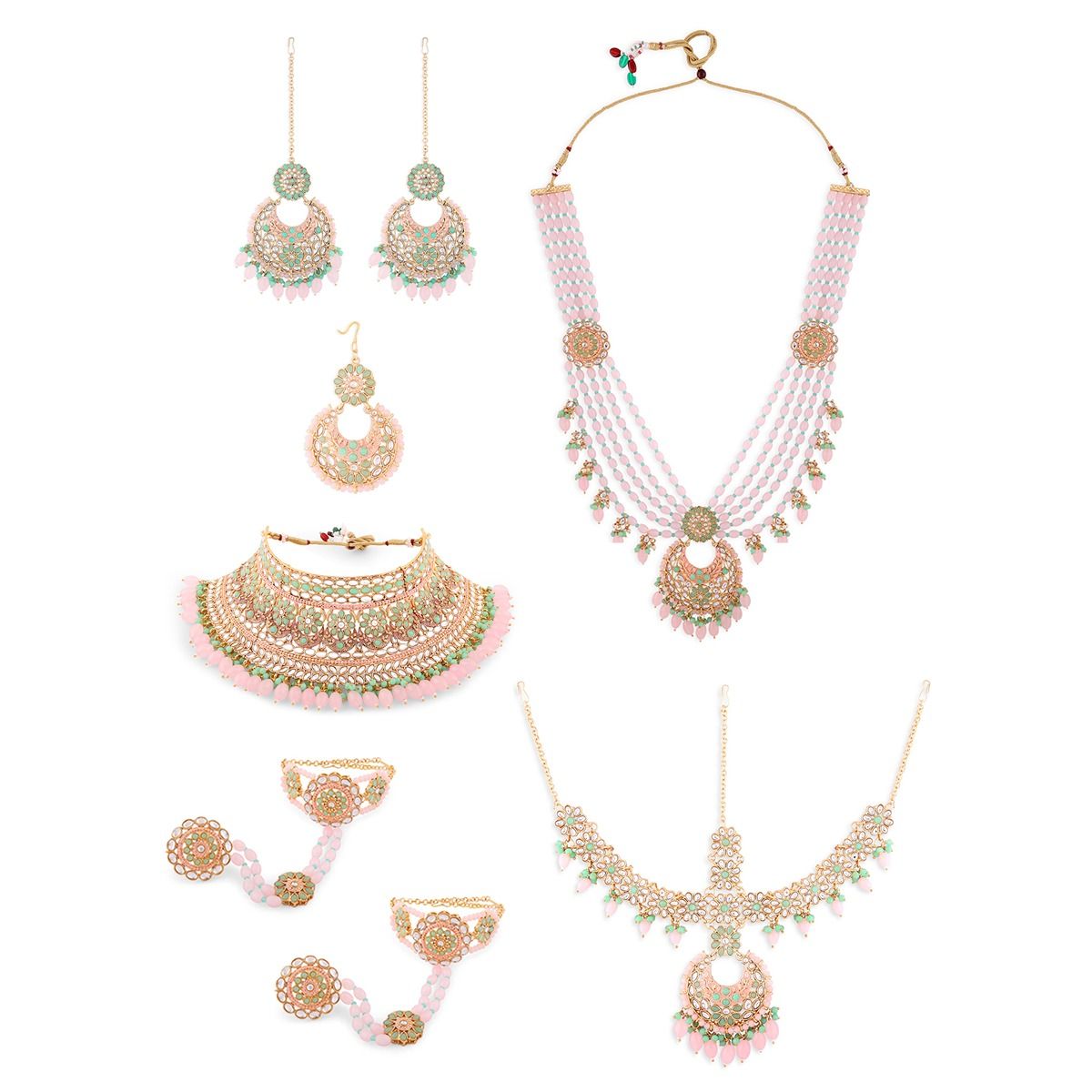 Buy Zaveri Pearls Set Of 6 Pink Green Bridal Necklace Earring Mathapatti Hand Harness Set ZPFK14838 Online