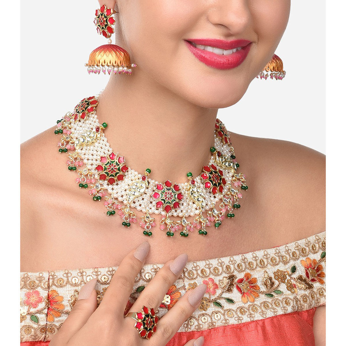 Zaveri Pearls Set Of 3 Pink Green Kundan Parrot Pearl Necklace Earring ...