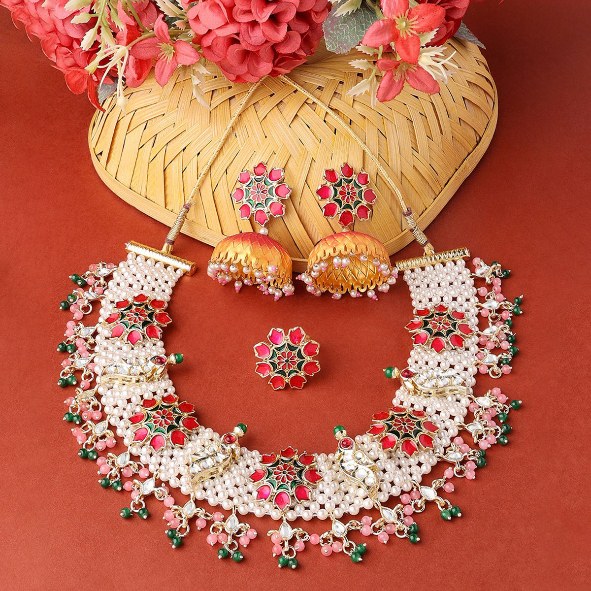 Zaveri Pearls Set Of 3 Pink Green Kundan Parrot Pearl Necklace Earring ...