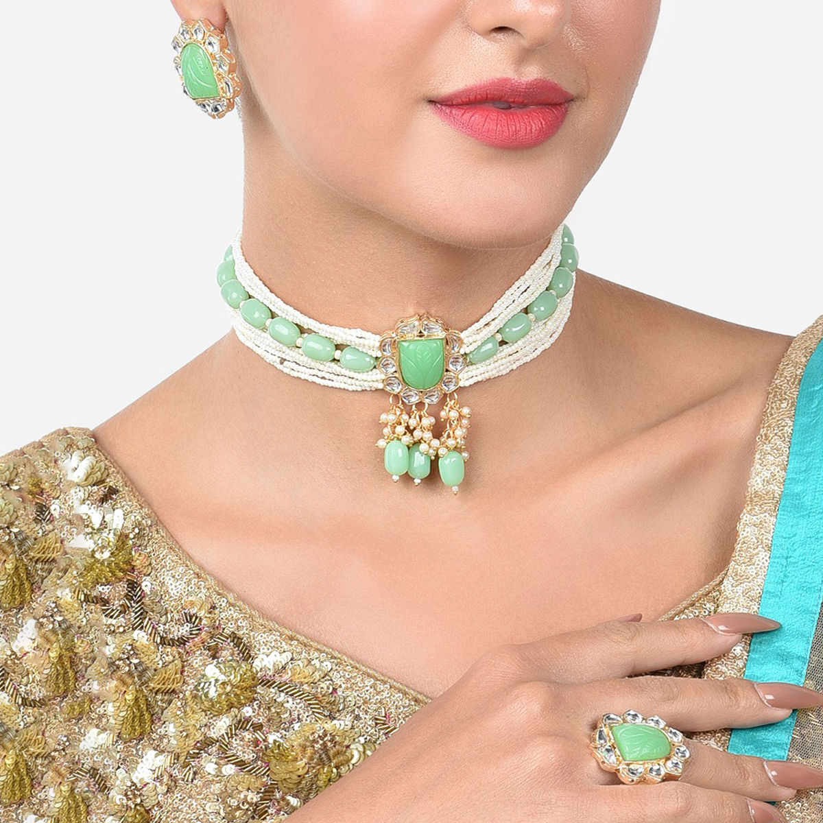 Buy Zaveri Pearls Green Multistrand Choker Necklace Earring Ring Set ZPFK15203 Online