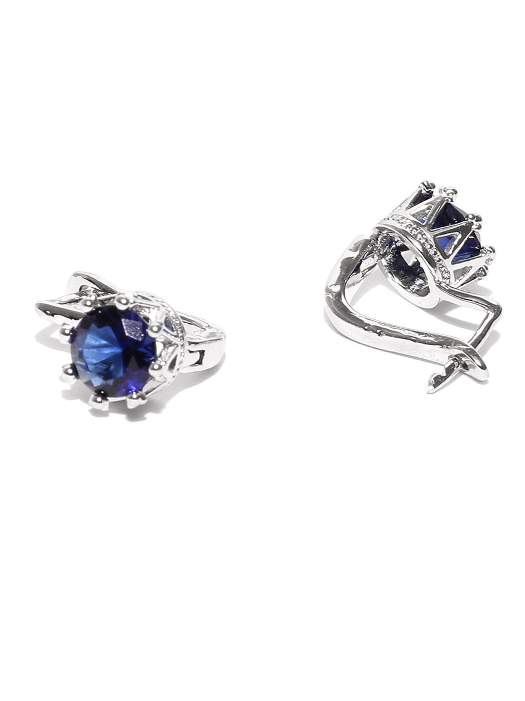 Fabula Silver Plated Deep Blue Zirconia Crown Setting Stud Earrings ...