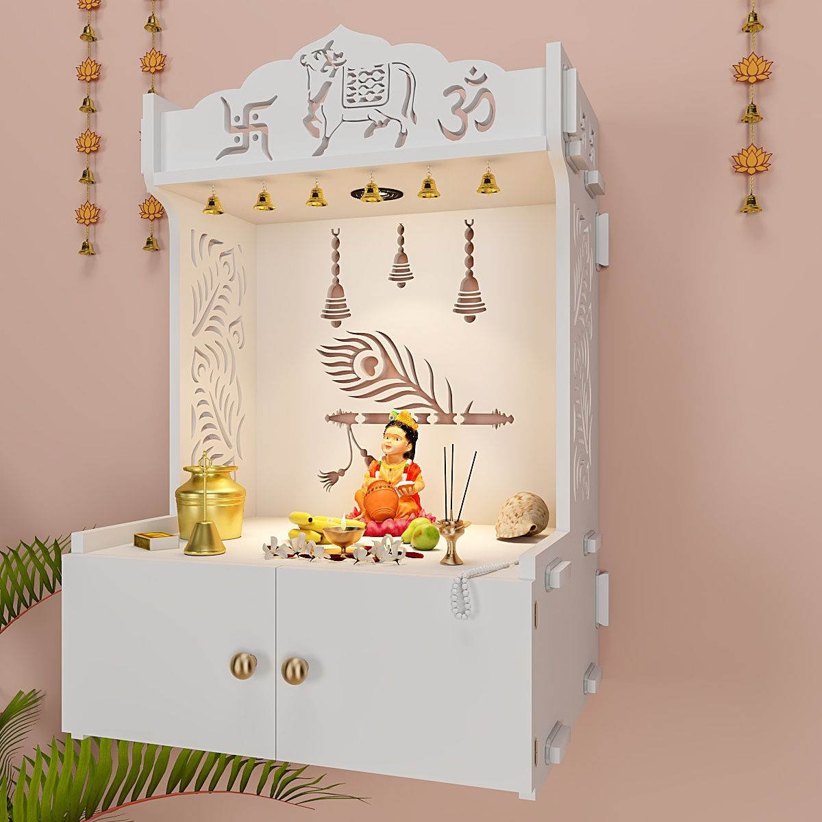 WallMantra Mor Pankh White Wooden Temple for Home with Inbuilt Focus Light & Spacious Shelf: Buy ...