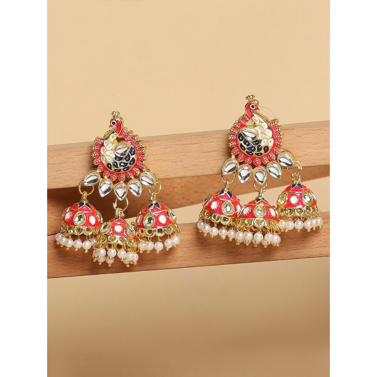 OOMPH Pink Meenakari Peacock Design Large Jhumka Earrings: Buy OOMPH ...