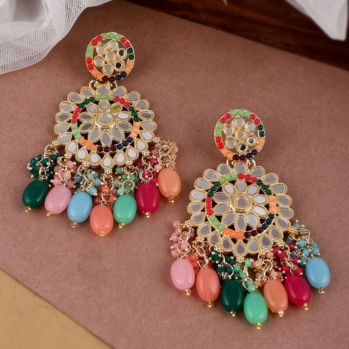 Buy Shoshaa Gold Plated Handcrafted Multicoloured Mirror Drop Earrings Online