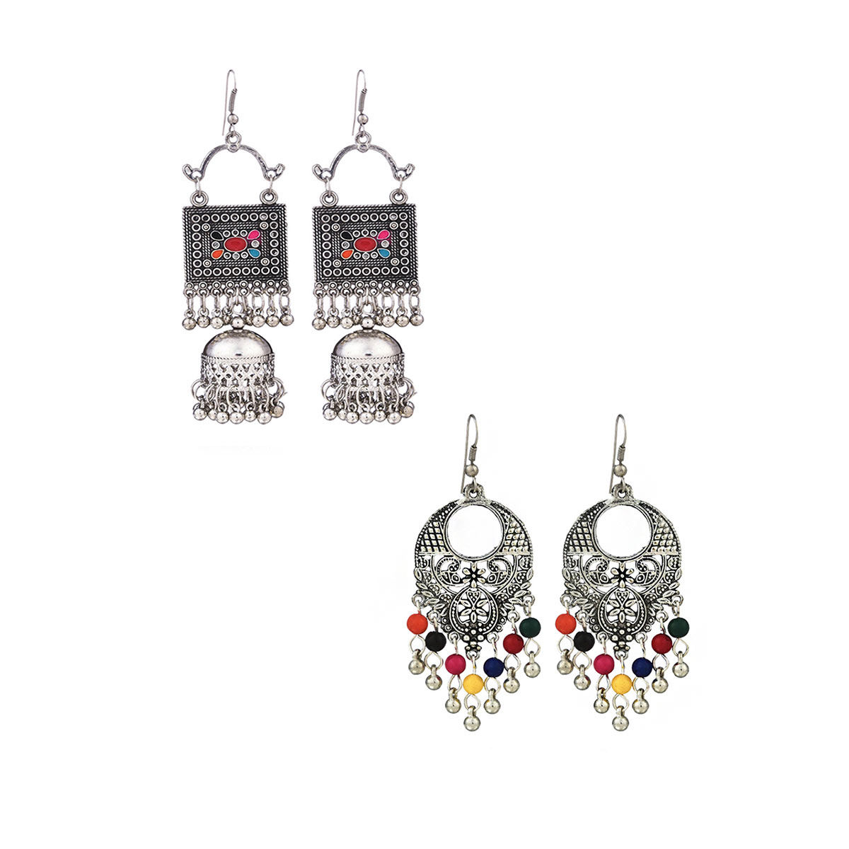 Buy Yellow Chimes Oxidized Silver 2 Pairs Chandbali Traditional Jhumka ...