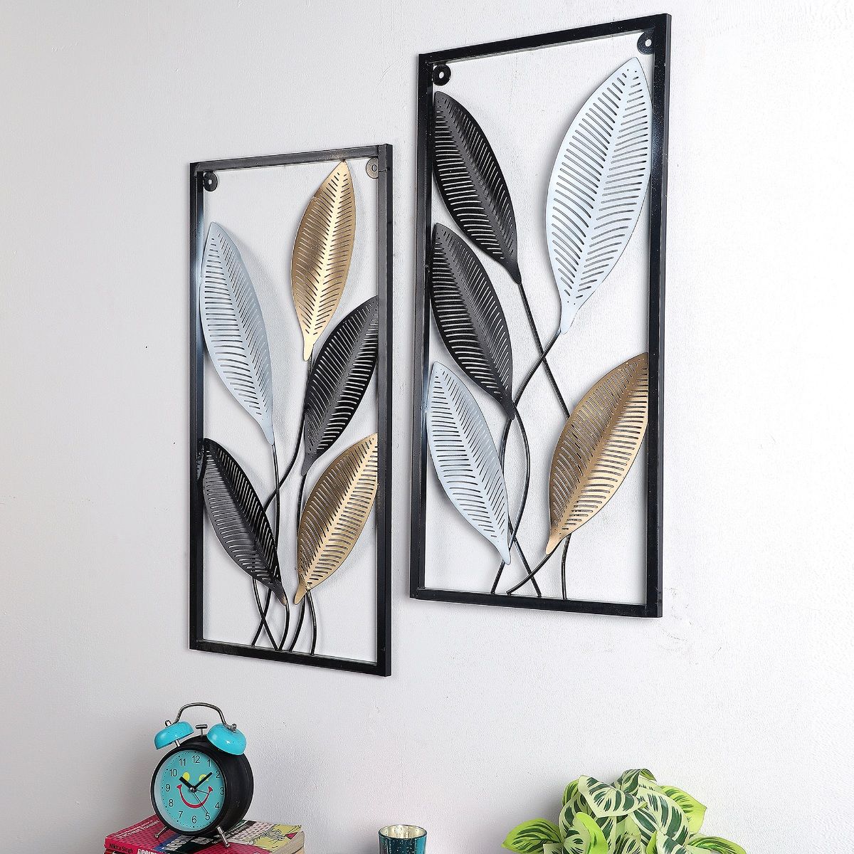 Buy Amaya Decors Rectangular Black, Gold, Silver Leaves Wall Decor Set ...
