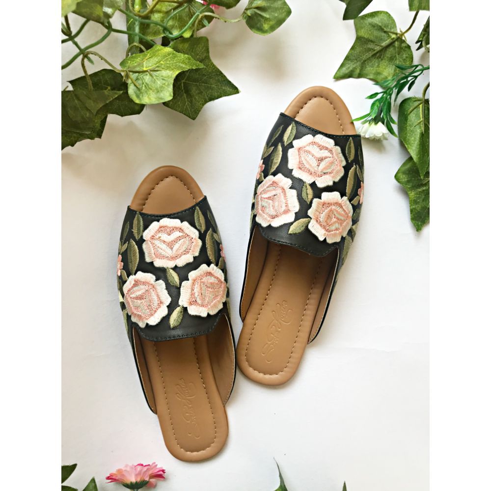 Buy Sole House Black Fuax Leather Embroidered Flats Online