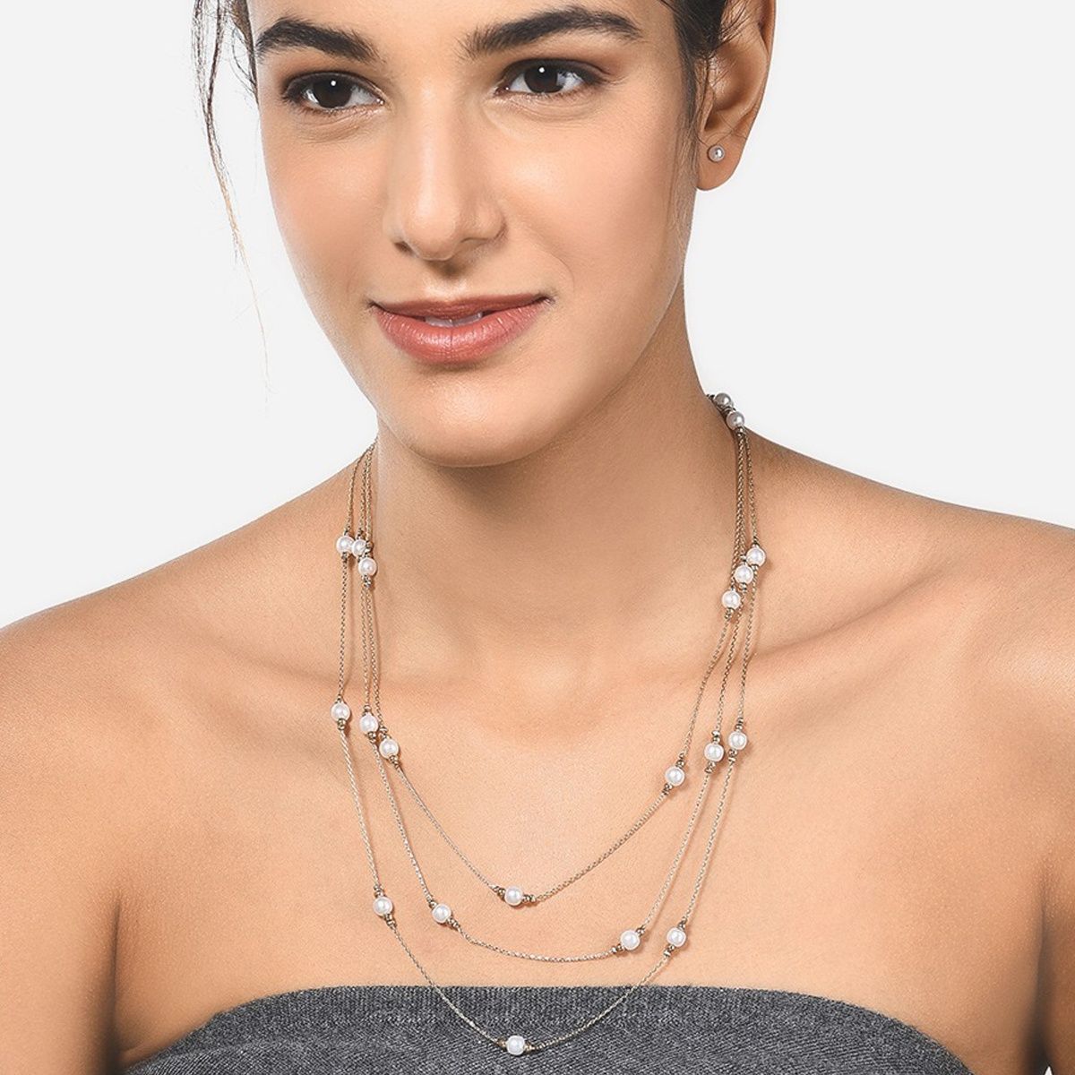 Buy Zaveri Pearls Gold Tone Contemporary 3 Layers Pearl Necklace & Stud ...