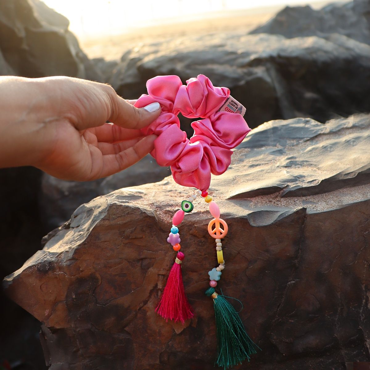 Buy Soho Boho Studio Pink Boho Tassel Scrunchie Online