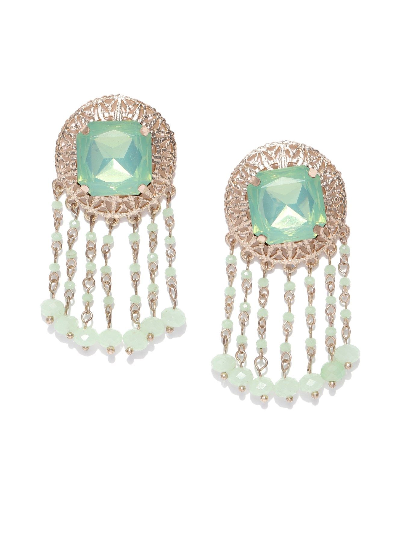 Priyaasi Sea Green Gold-Plated Stone-Studded Tasselled Circular Drop ...