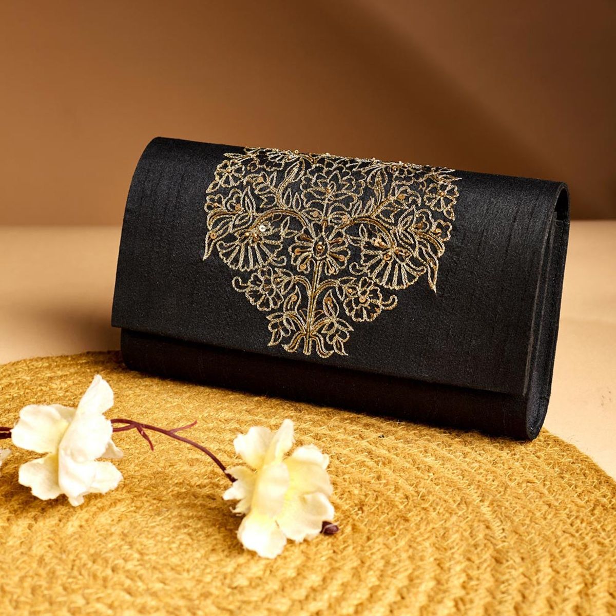 Buy Fabindia Black Silk Blend Hand Embroidery Clutch Online