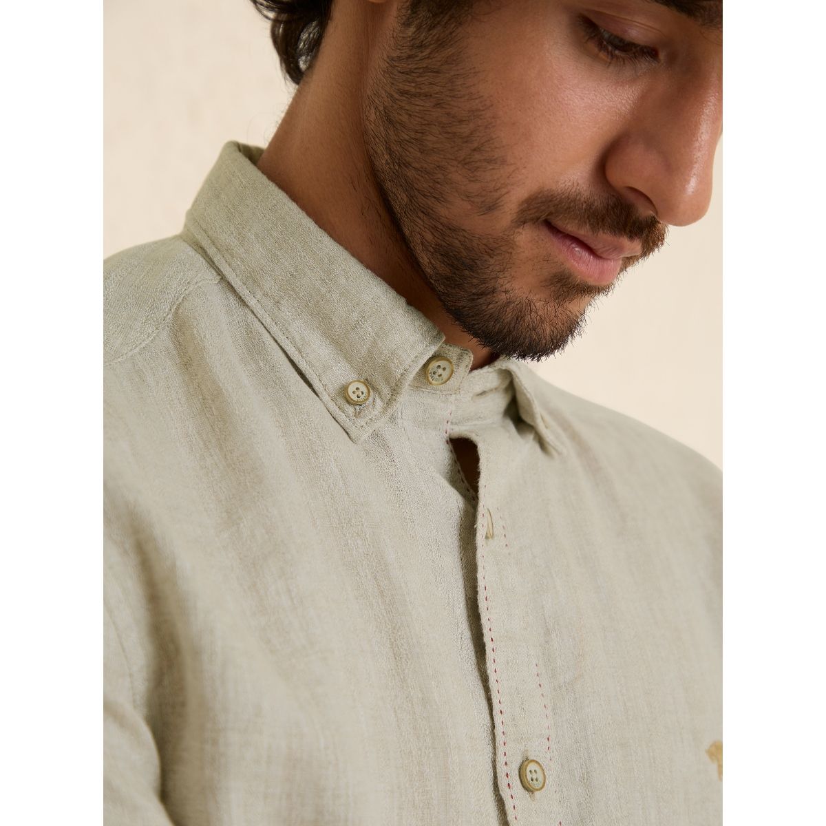 Buy Andamen Slim Fit Walnut Cream Linen Shirt Online