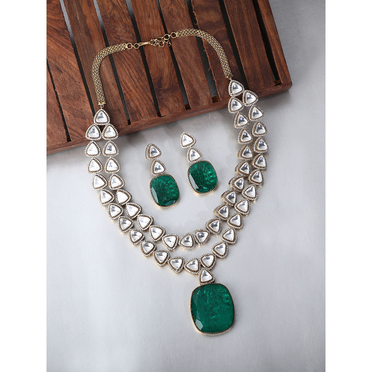 Buy Auraa Trends Rhodium Plated American Diamond Zircon Green Necklace