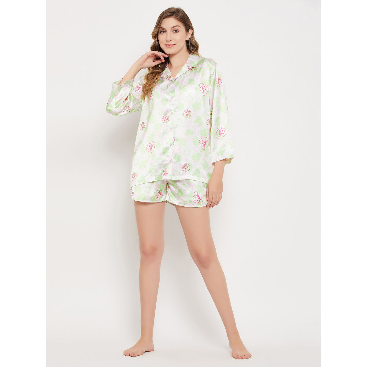 Clovia Cactus & Emoji Print Nightwear In White Satin (Set of 3): Buy Clovia Cactus & Emoji Print ...