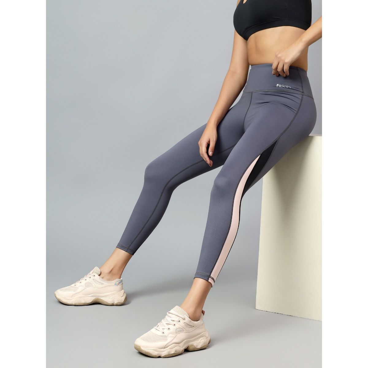Buy Fitkin Womens Grey Colorblock High Waist Curve Sculpting Tights Online