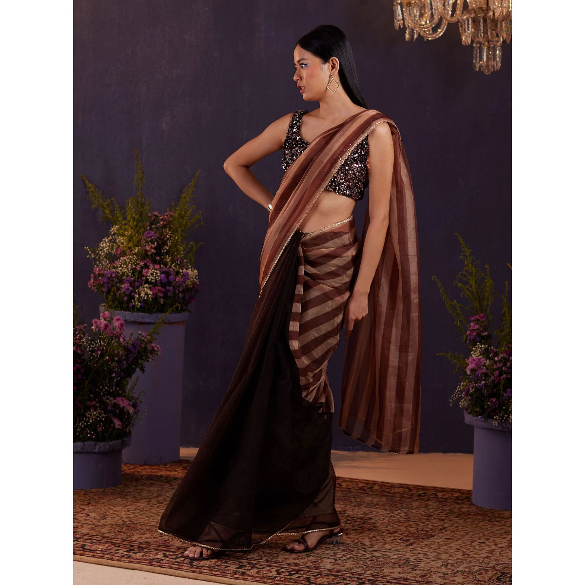 Buy Gajra Gang Vintage Rani Brown Stripes Saree GGSAR08 (Free Size) Online
