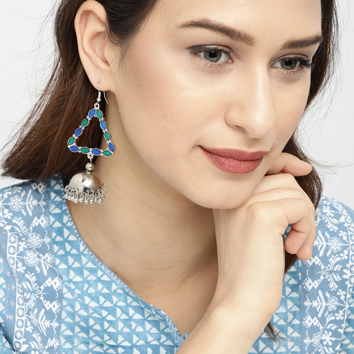 Fida Silver-Toned & Blue Triangular Jhumkas: Buy Fida Silver-Toned ...