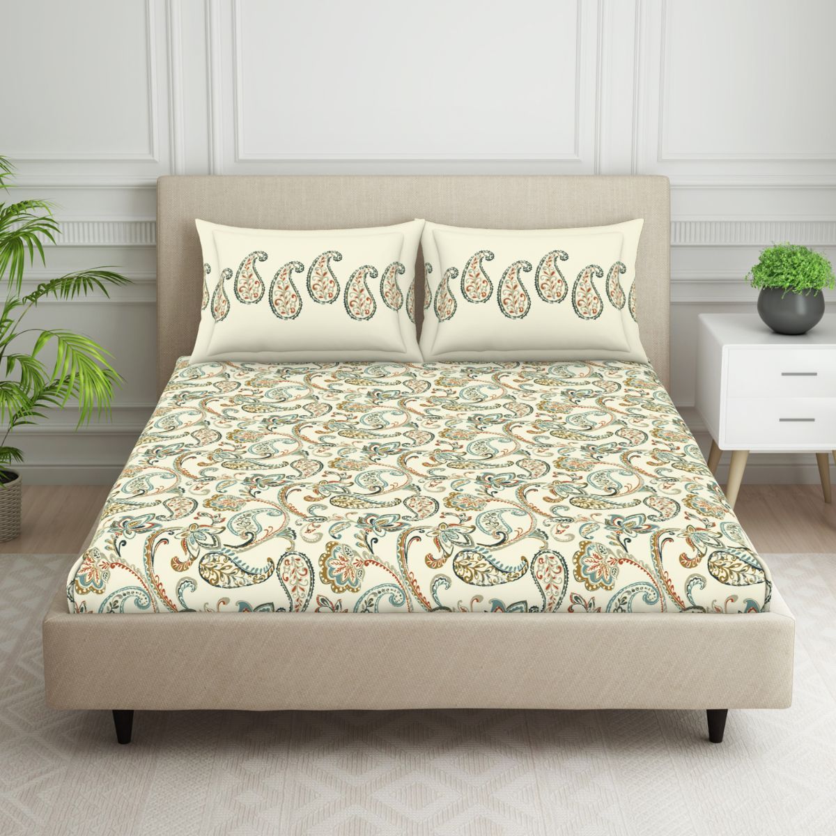 Buy SPACES Bold Boho 100 Cotton 132 TC Cream 1 Bedsheet with 2 Pillow Covers Queen Online