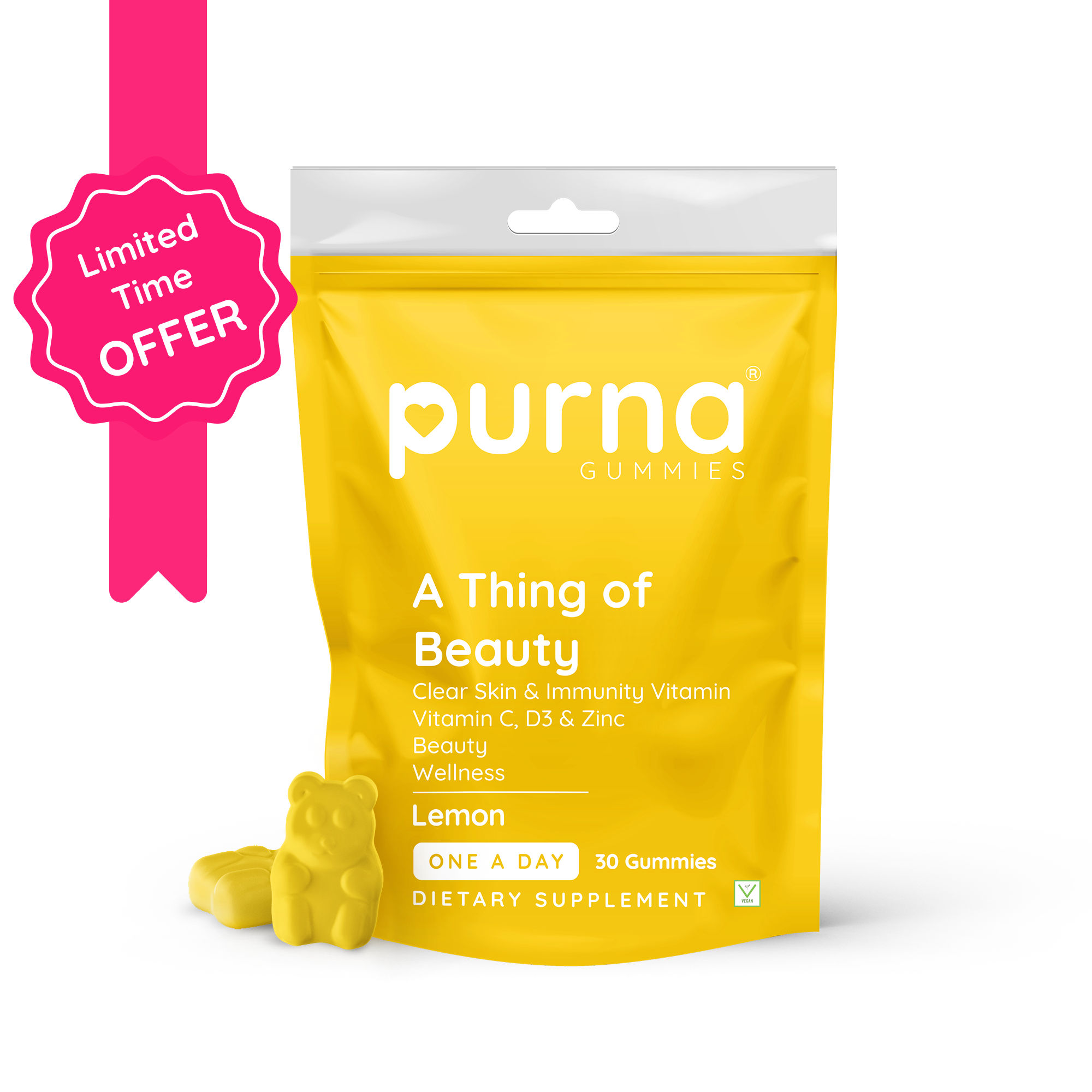 Purna Gummies Vitamin C Lemon Gummies with Vitamin D3, and Zinc for ...