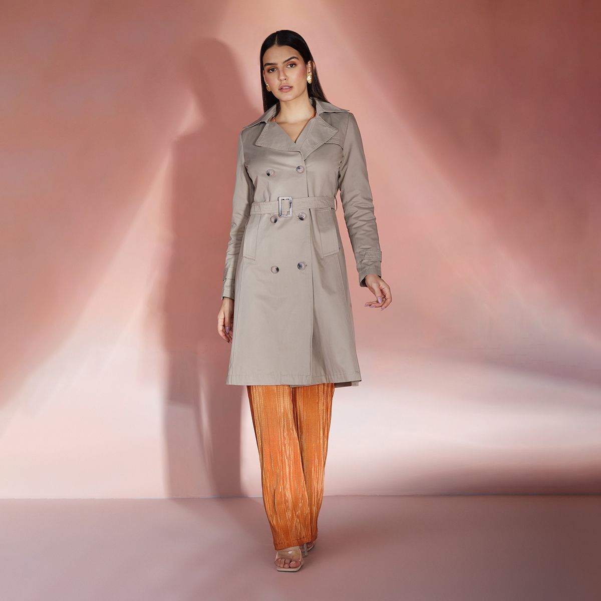 RSVP by Nykaa Fashion Grey Solid Double Breasted Knee Length Trench ...