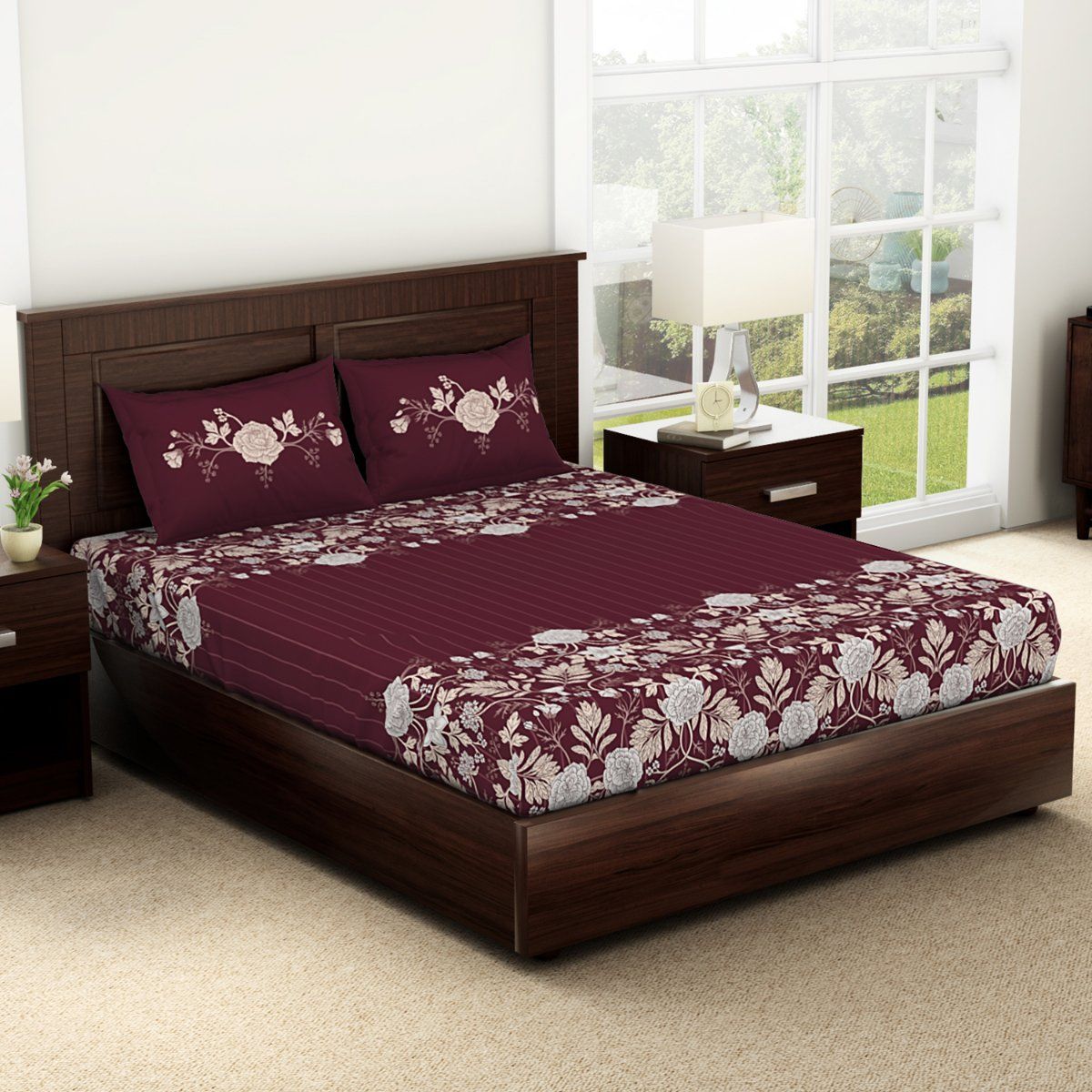 Buy SPACES Evoke 100% Cotton Fitted Sheet Merlot (King) Online