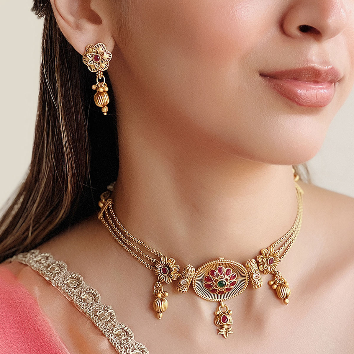 Buy Azai by Nykaa Fashion Elegant Ethnic Gold Choker Set with Pink Green Stones Online