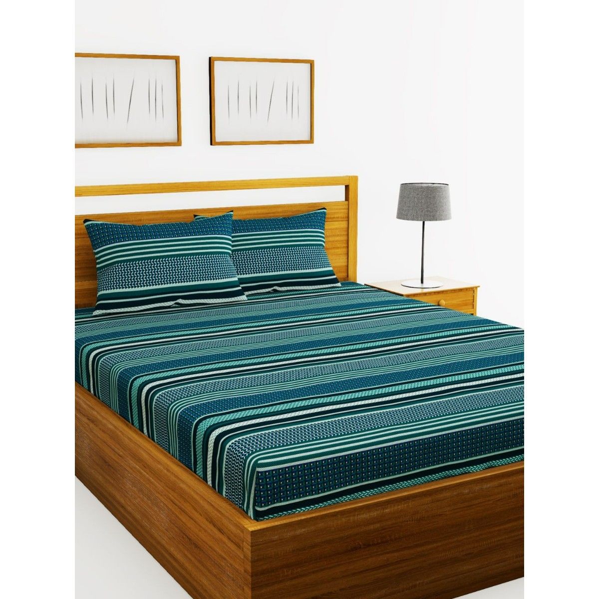 Buy KOPA Pure Cotton Double Bedsheet with 2 Pillow Covers Stripes Aqua ...