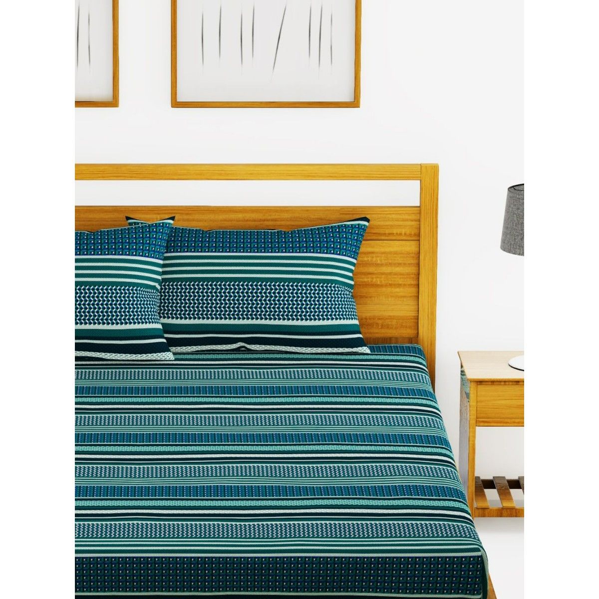 Buy KOPA Pure Cotton Double Bedsheet with 2 Pillow Covers Stripes Aqua ...