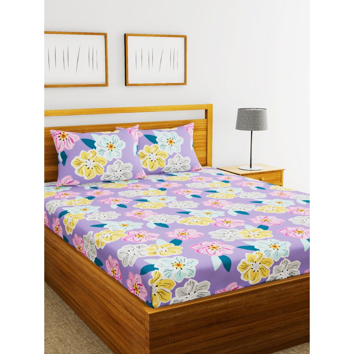 KOPA Micro Double Bedsheet with 2 Pillow Covers Abstract Purple Multi ...