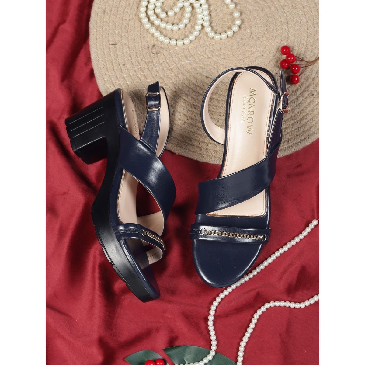 Buy Monrow Solid Or Plain Navy Blue Block Heels Online