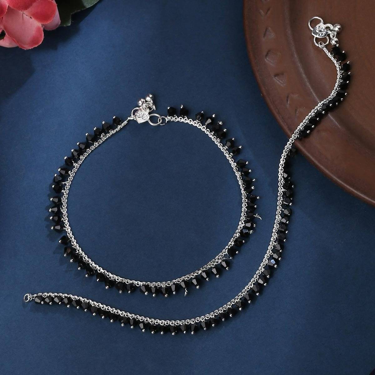 Buy VIRAASI Silver Plated Set of 2 Black Beads Anklet Online