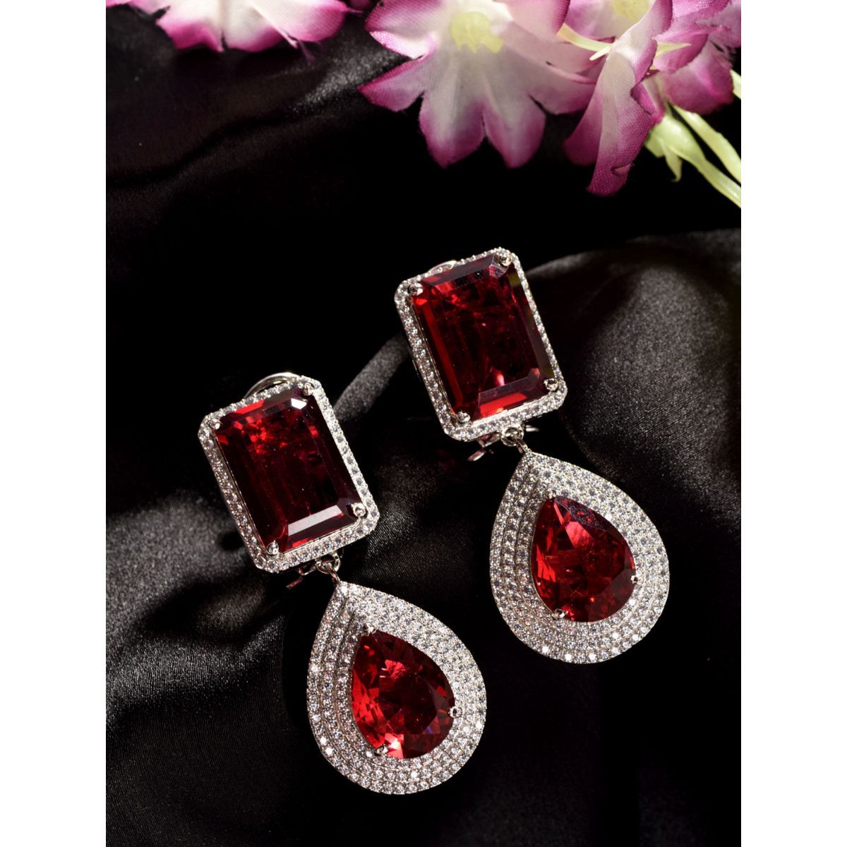 Buy Saraf RS Jewellery Silver Plated Magenta Ruby Studded Geometric ...