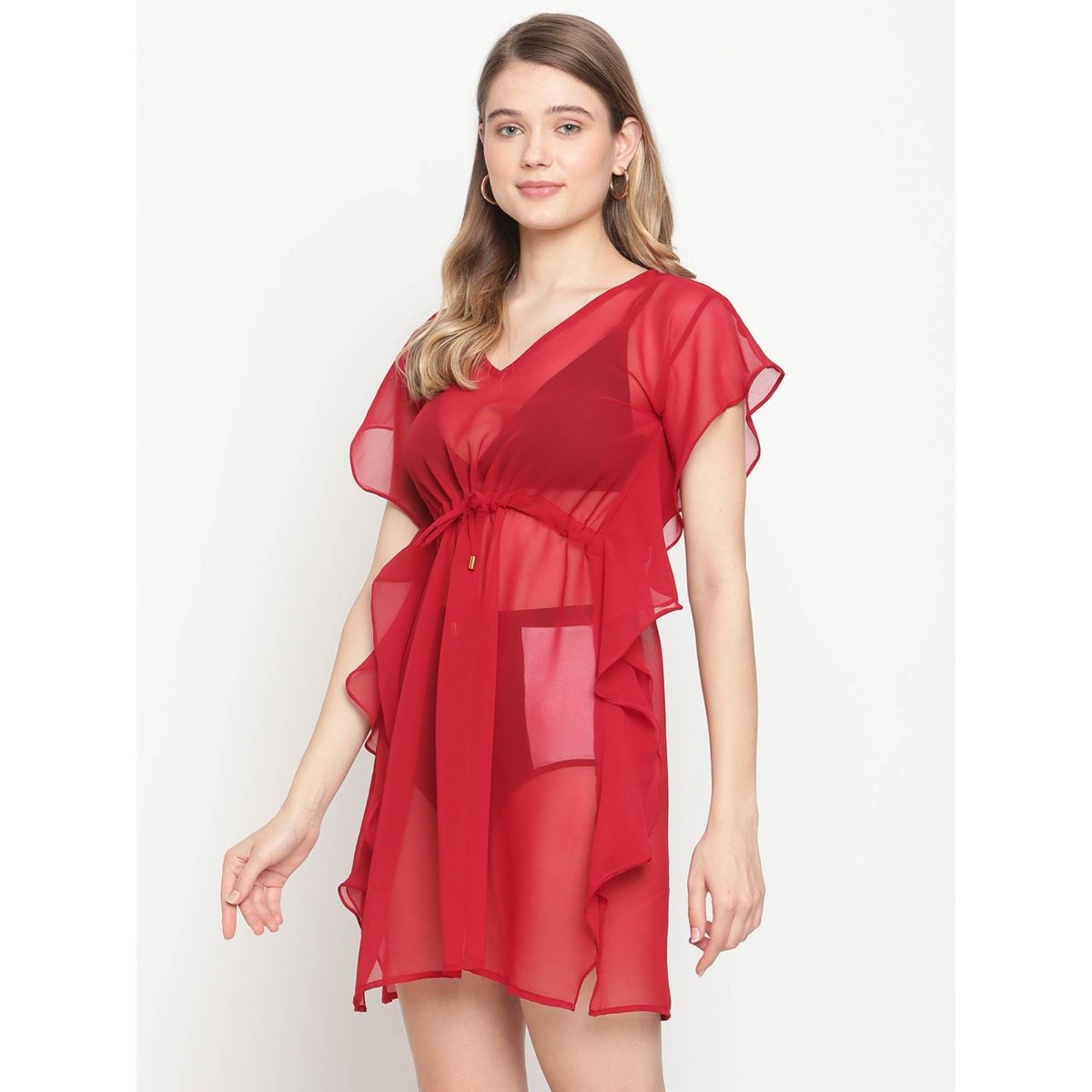 Buy AOBA Women Red Semi-Sheer Cover-Up Beach Dress Online